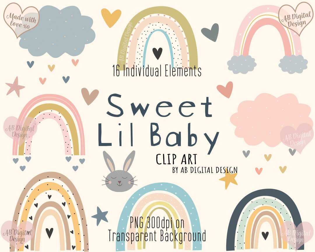 Baby Nursery Clipart | Boho Rainbows, Clouds, Hearts & Stars | Cute ...