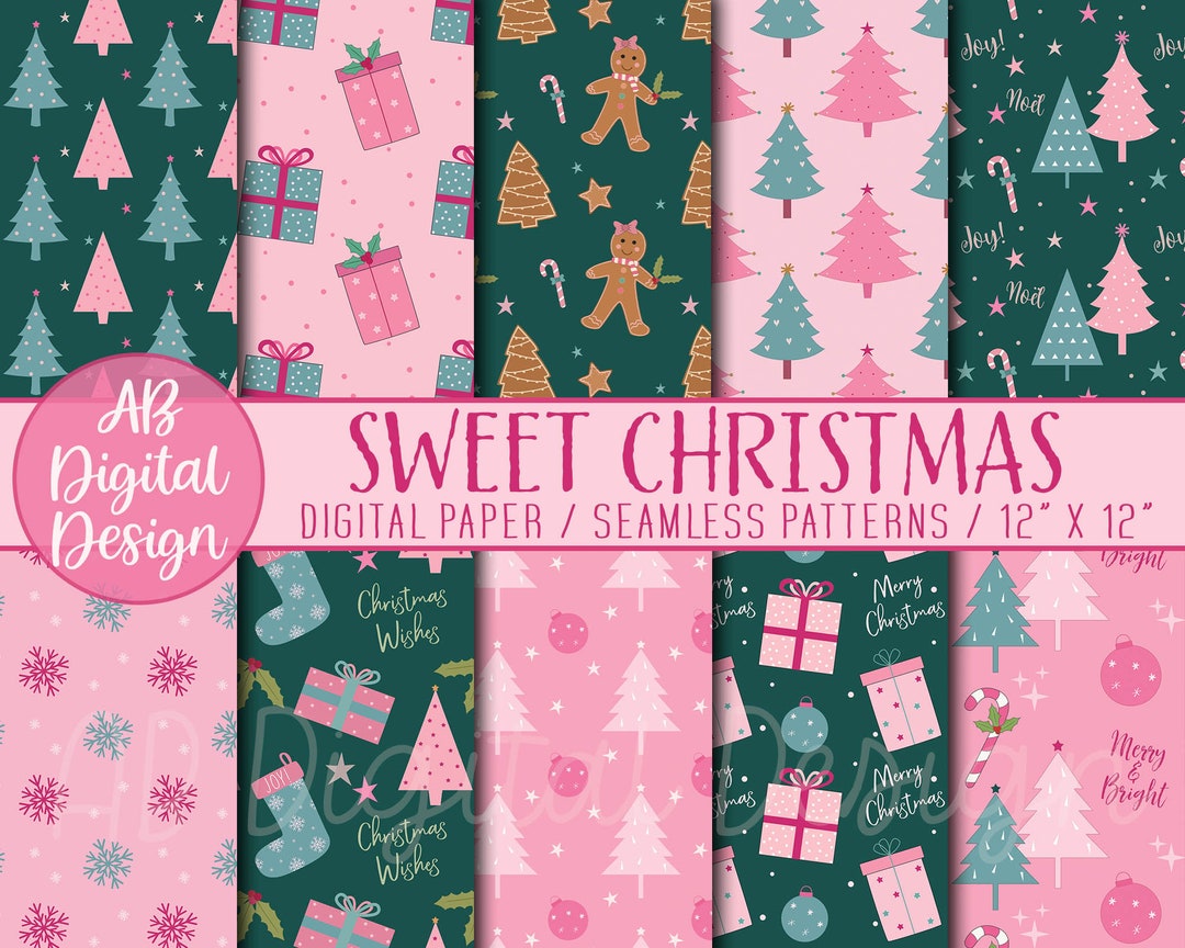 Pink Christmas Digital Paper Seamless Patterns Cute Christmas Printable ...