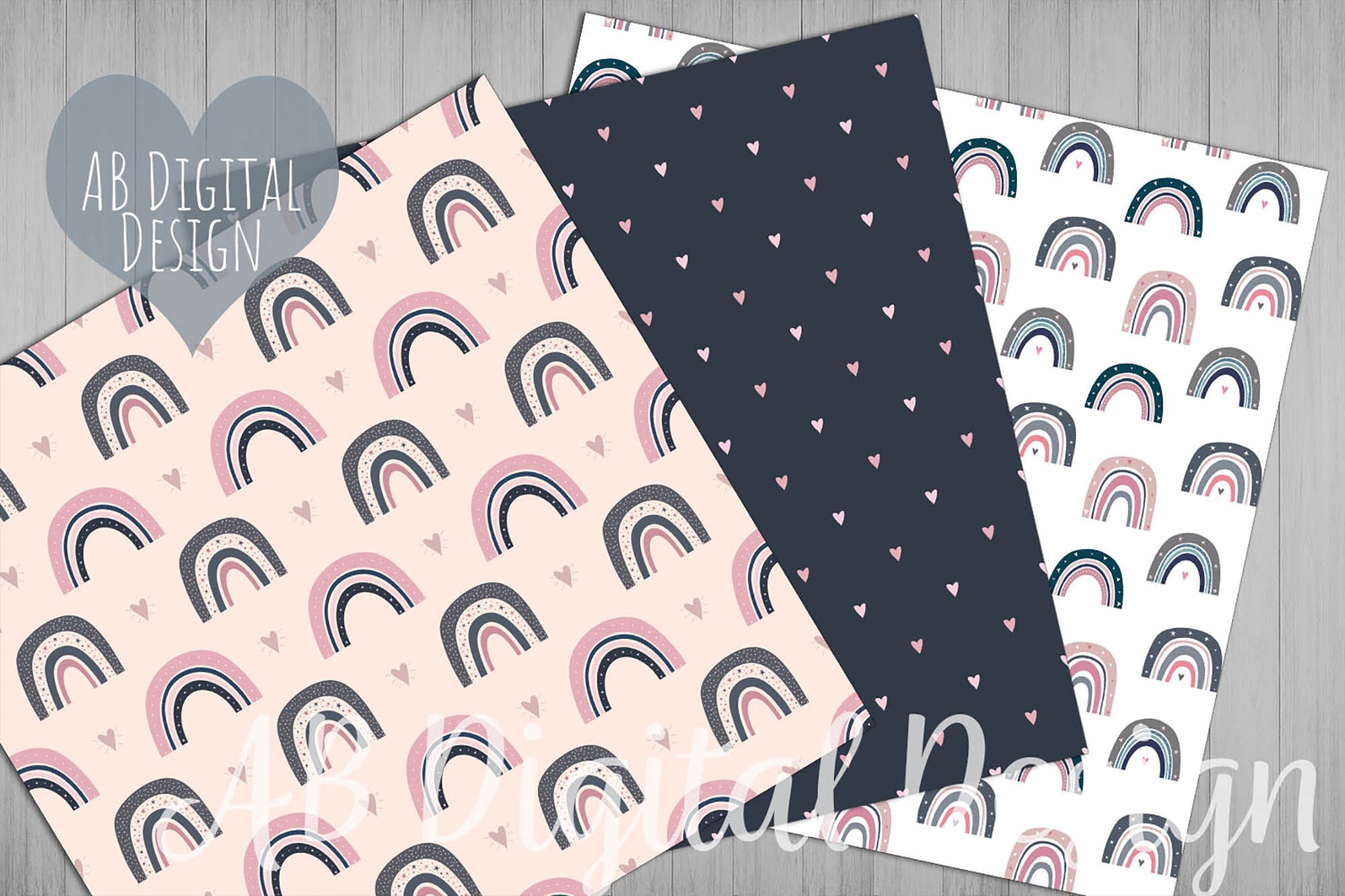 Rainbow Digital Paper Pink, Blush & Navy Baby Girl, Baby Shower ...