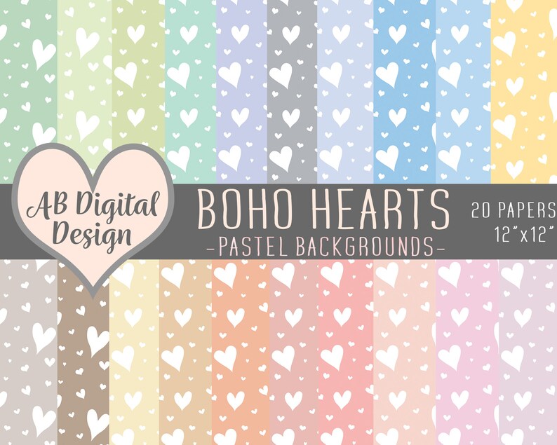 Pastel Love Heart Digital Paper Boho Hearts Valentines Day Cute Digital ...