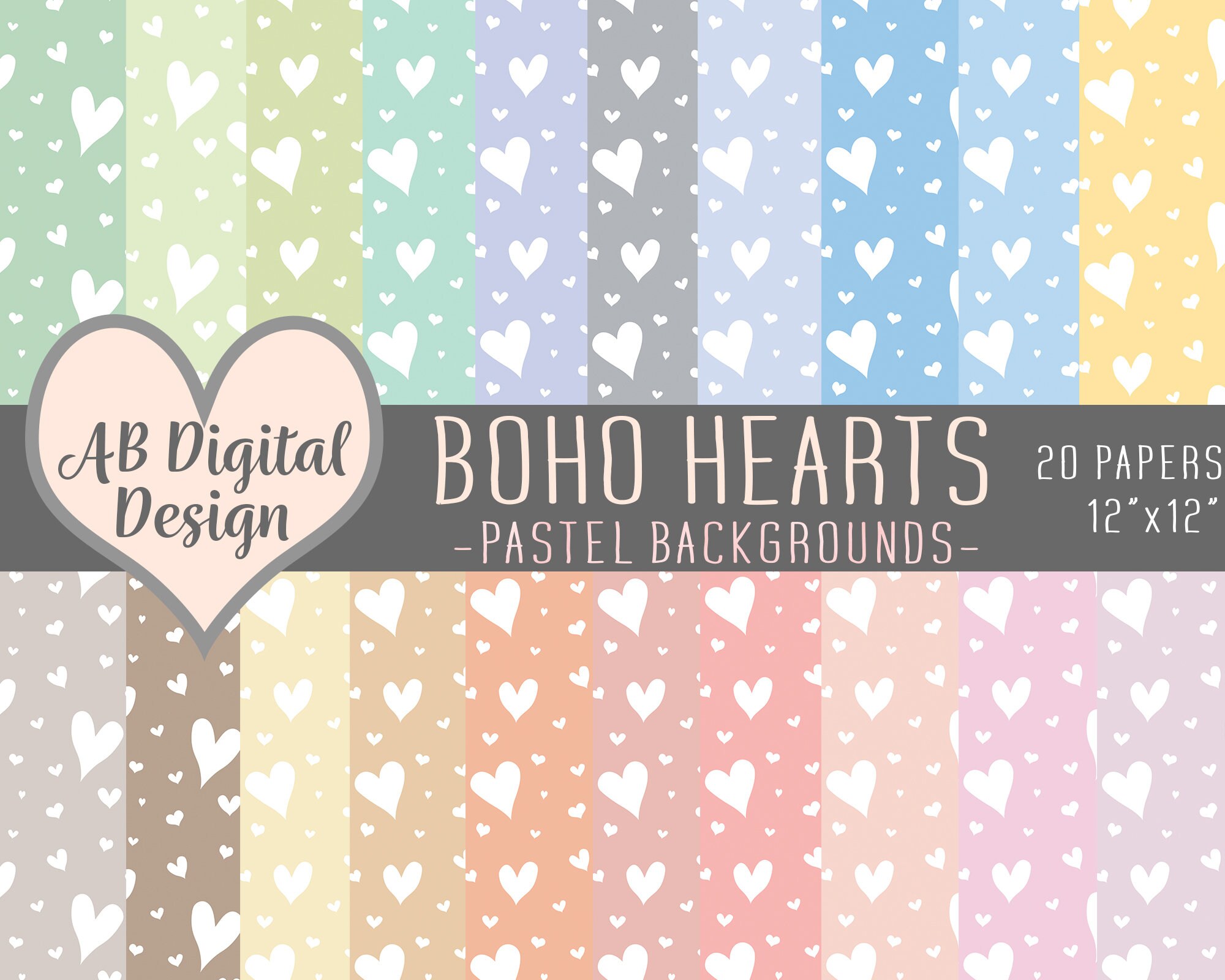 Pastel Love Heart Digital Paper Boho Hearts Valentines Day Cute Digital ...