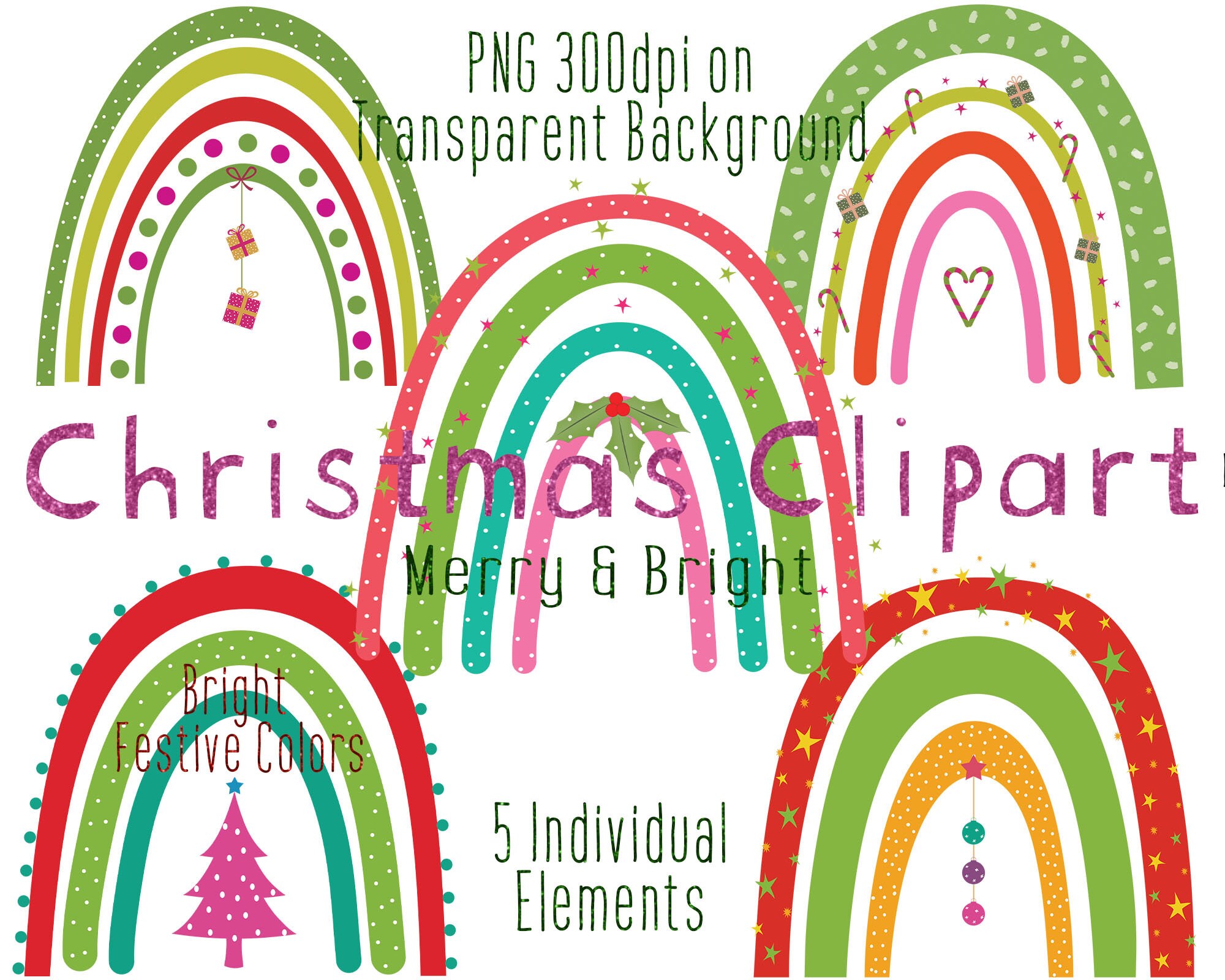 Christmas Rainbow Clipart Modern Christmas Rainbow Festive Bright Cute ...