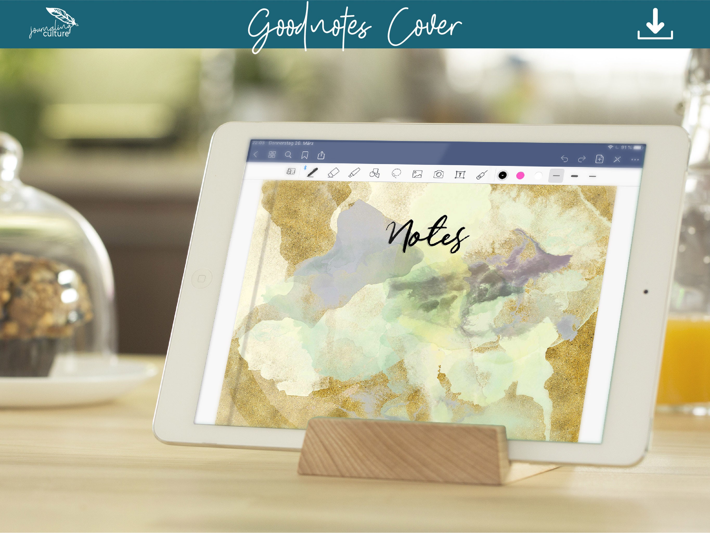 Digital Notebook Cover Green, Yellow, Golden Watercolor for iPad ...