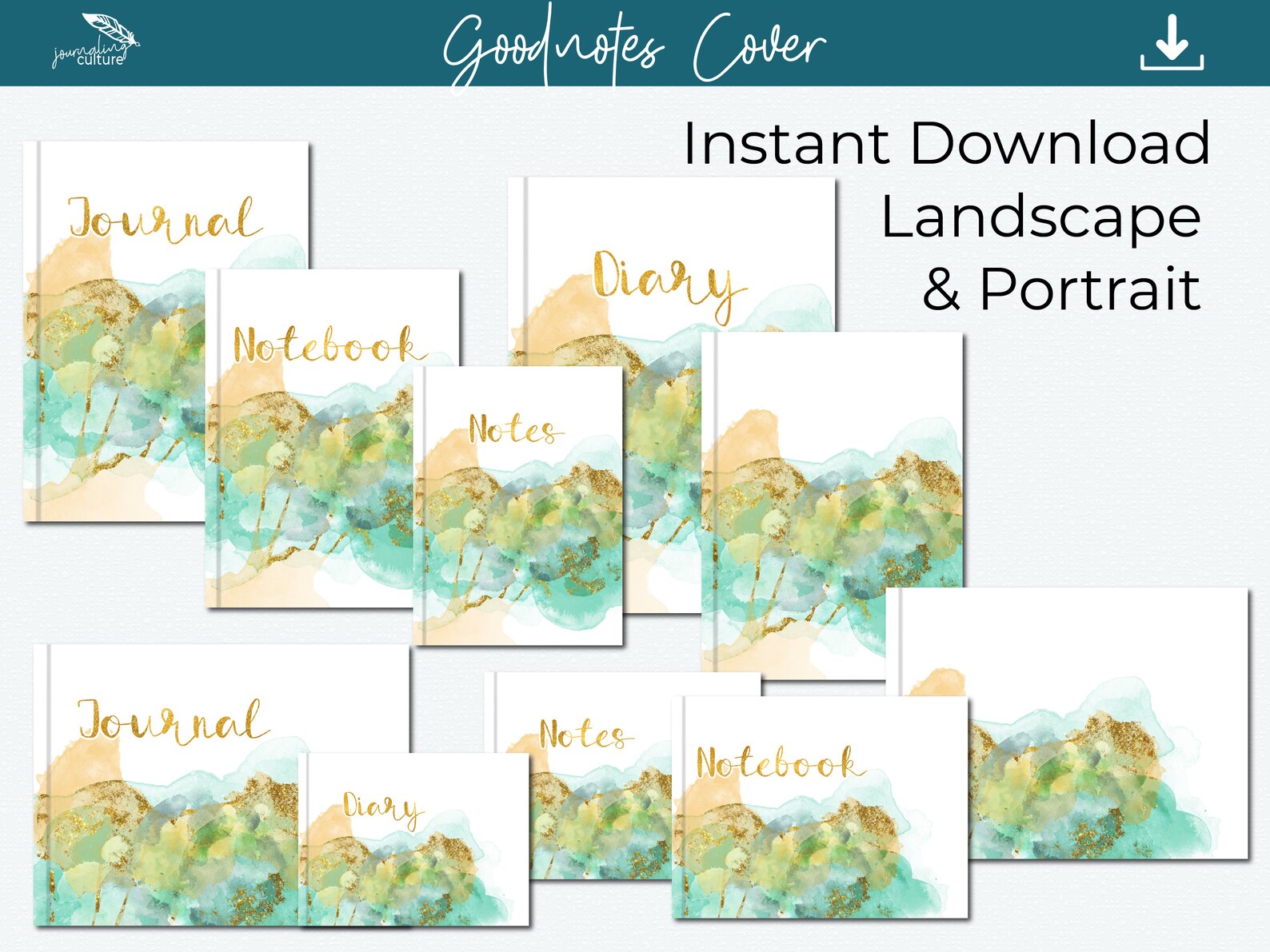 Digital Notebook Cover Green-gold Watercolor for iPad Goodnotes or ...