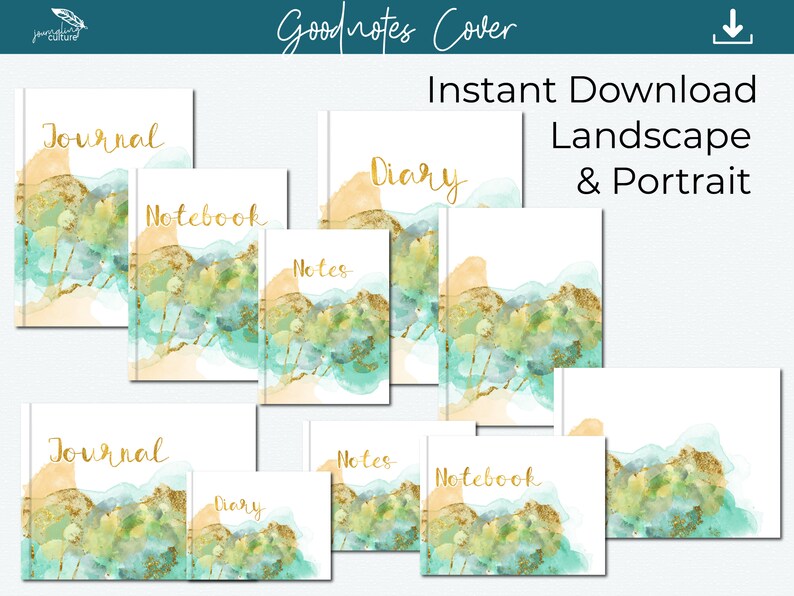 Digital Notebook Cover Green-gold Watercolor for iPad Goodnotes or ...