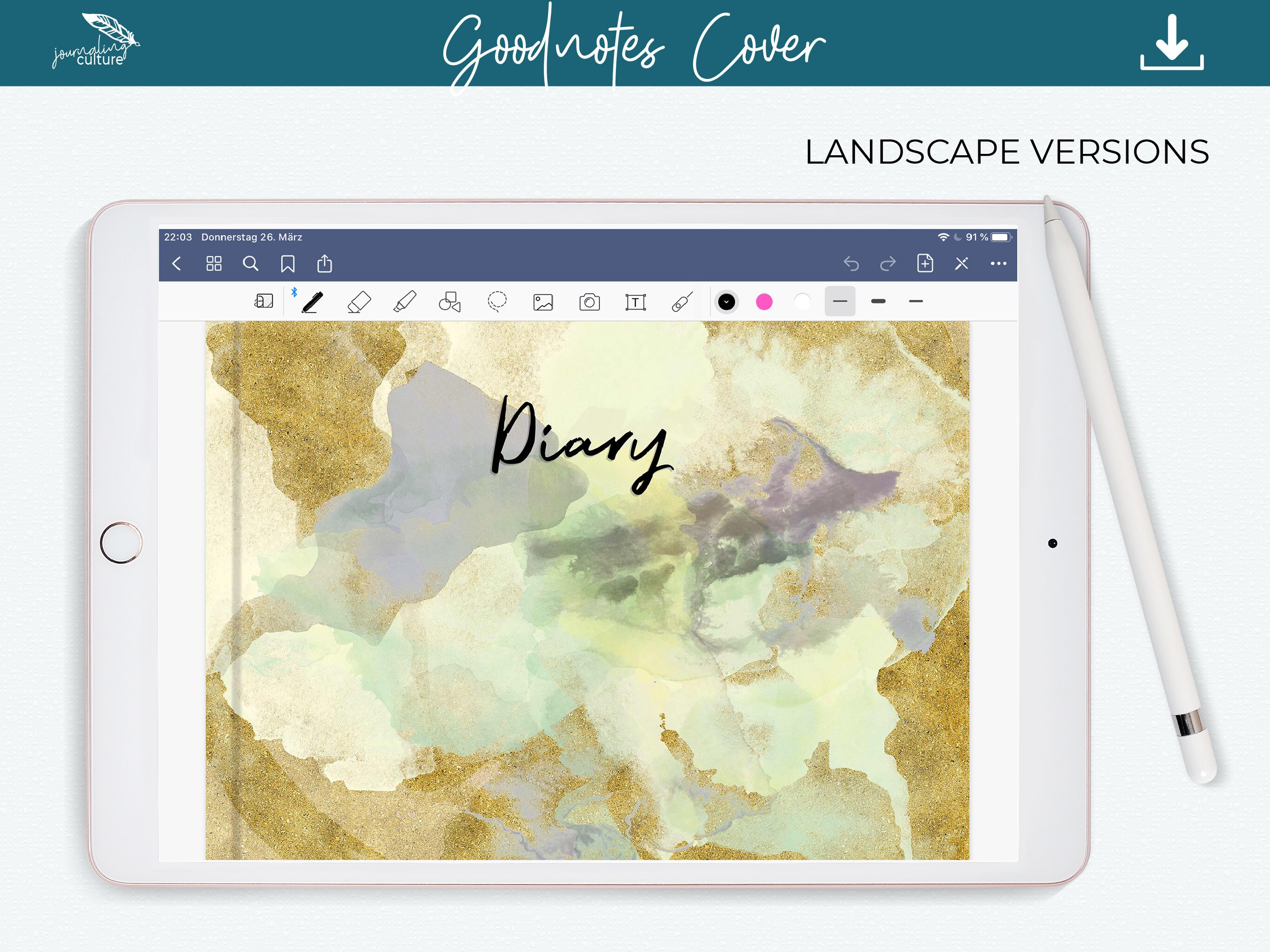 Digital Notebook Cover Green, Yellow, Golden Watercolor for iPad ...