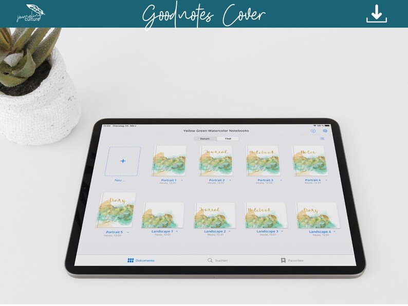 Digital Notebook Cover Green-gold Watercolor for iPad Goodnotes or ...