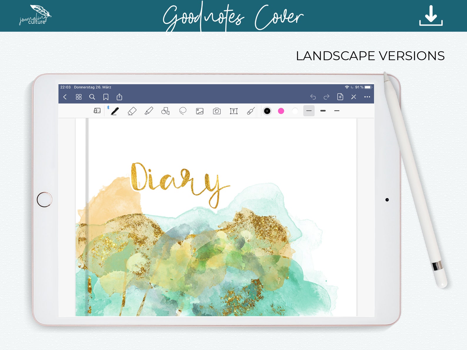 Digital Notebook Cover Green-gold Watercolor for iPad Goodnotes or ...