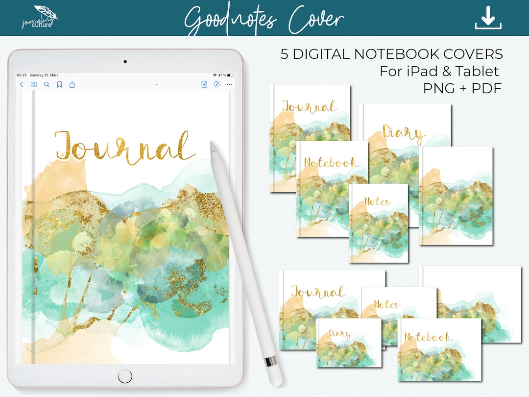 Digital Notebook Cover Green-gold Watercolor for iPad Goodnotes or ...