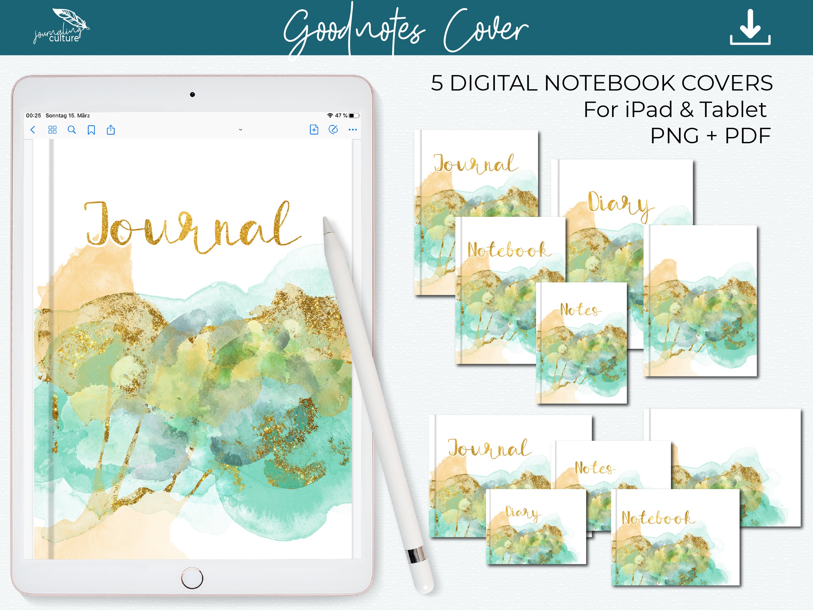Digital Notebook Cover Green-gold Watercolor for iPad Goodnotes or ...