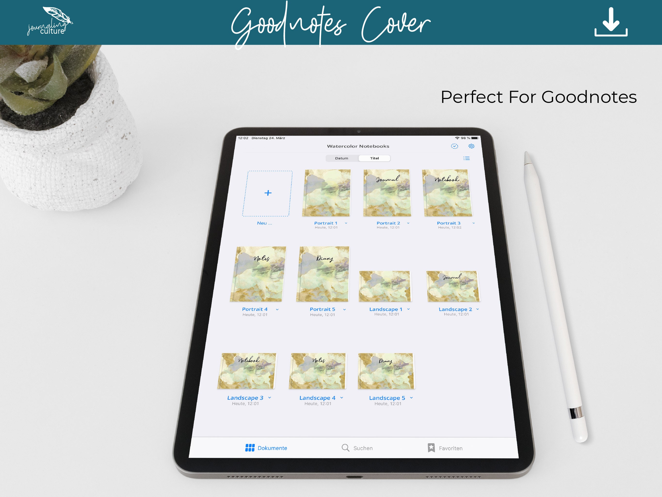 Digital Notebook Cover Green, Yellow, Golden Watercolor for iPad ...