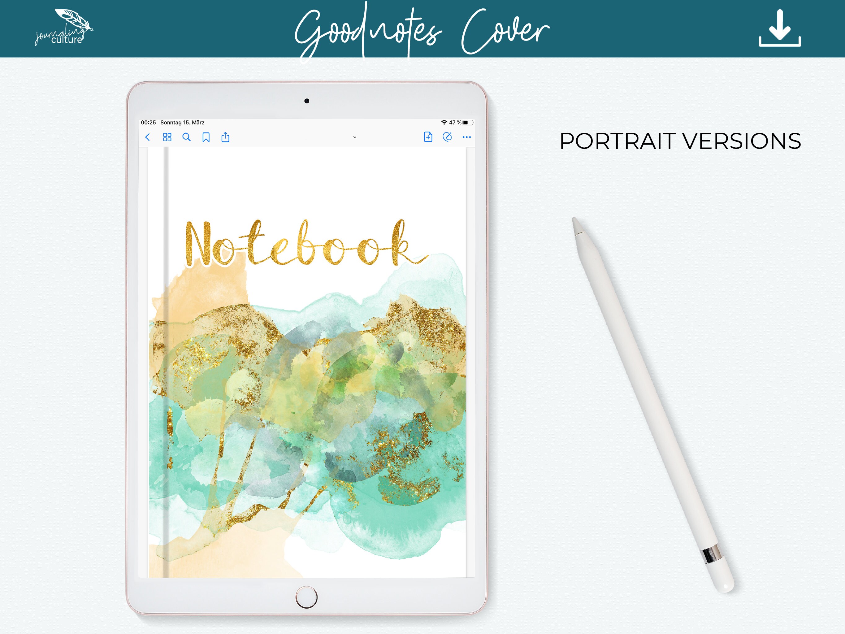 Digital Notebook Cover Green-gold Watercolor for iPad Goodnotes or ...