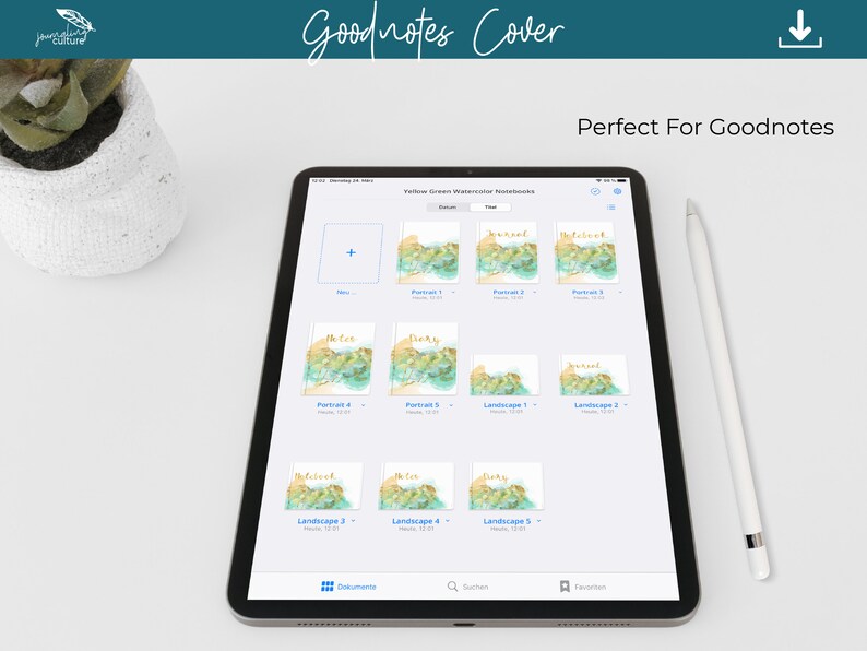 Digital Notebook Cover Green-gold Watercolor for iPad Goodnotes or ...