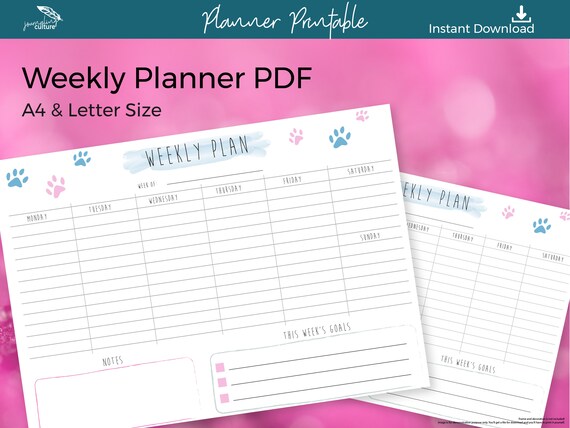 Weekly Planner Undated Printable With Colored Paws I PDF A4 | Etsy