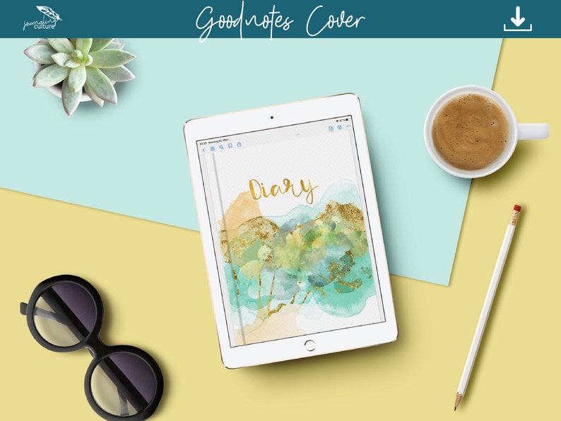 Digital Notebook Cover Green-gold Watercolor for iPad Goodnotes or ...