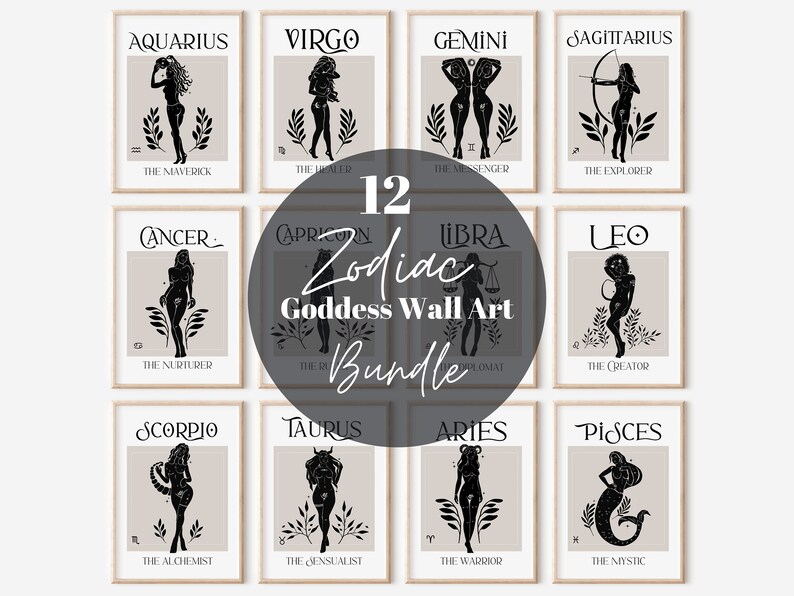 12 Zodiac Goddess Wall Art Bundle/printable Zodiac Art/sun Sign ...