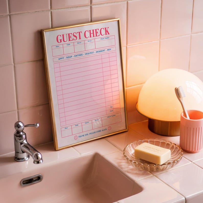 Blank Guest Check Print – Pink Guest Check Poster, Retro Art Print ...