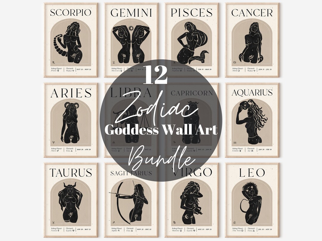 Zodiac Goddess Wall Art BUNDLE Poster Set/12 Zodiac Sign Wall Art Set ...