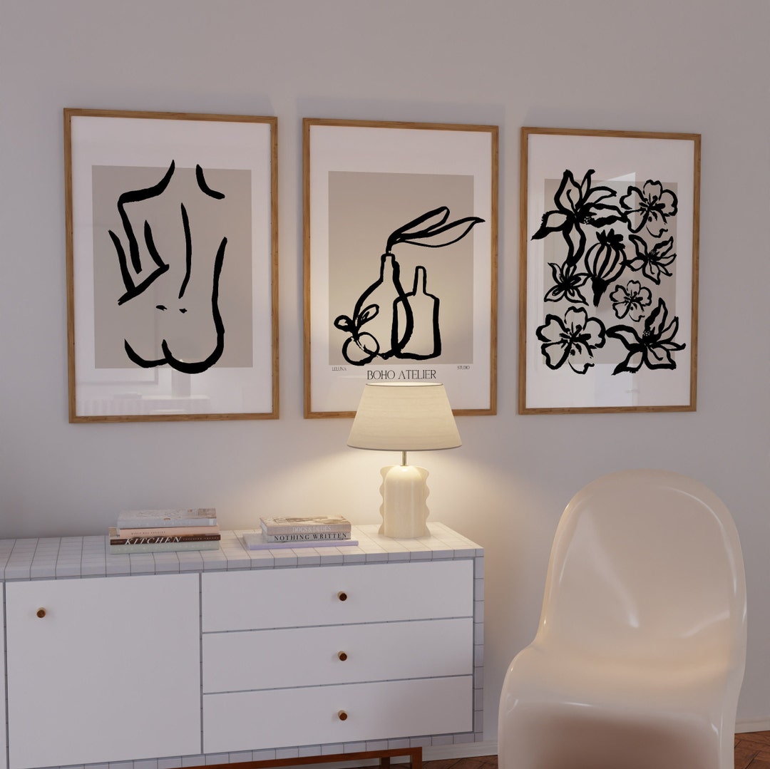 Boho Line Art Set of 3, Bohemian Modern Wall Art, Abstract Line Art Set ...