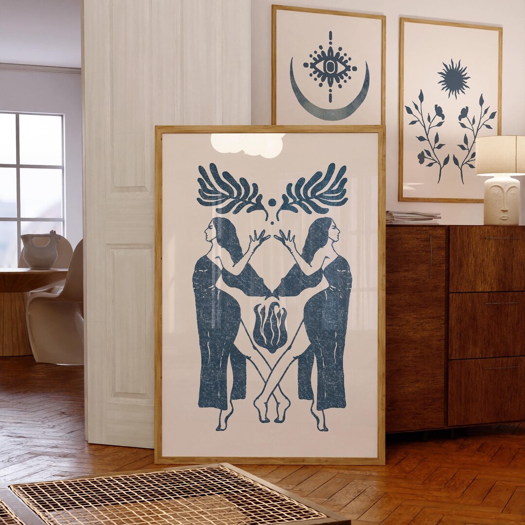 Blue Vintage Sisterhood Art Print - Feminine Energy Artwork - Spiritual Wall Decor - Goddess ...