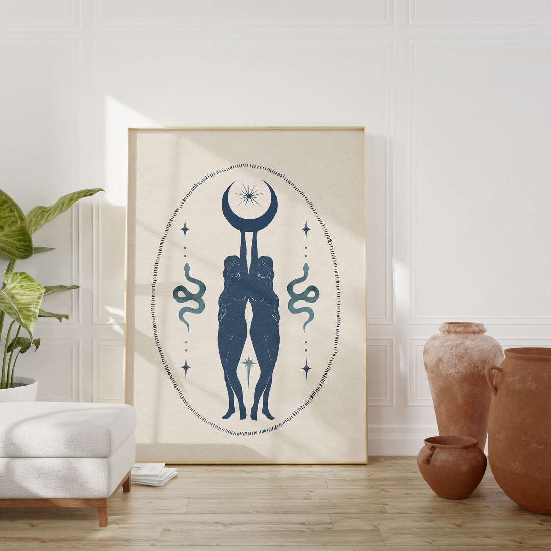 Mystical Moon Art Print Feminine Energy Artwork Blue Vintage Style ...