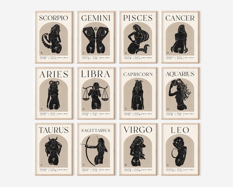 Zodiac Goddess Wall Art BUNDLE Poster Set/12 Zodiac Sign Wall Art Set ...