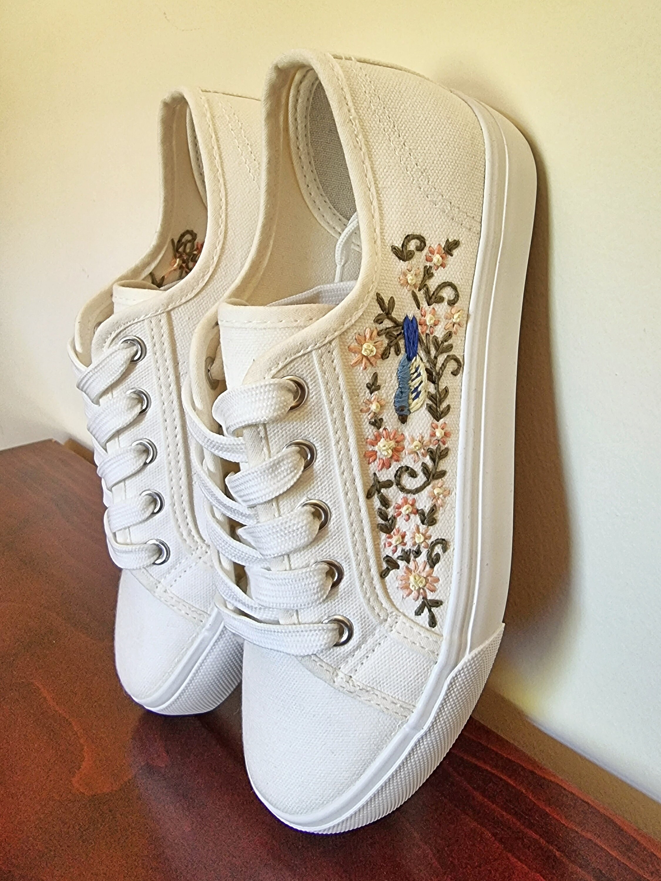 Custom Hand Embroidered Shoes, White Wedding Personalized Sneakers ...
