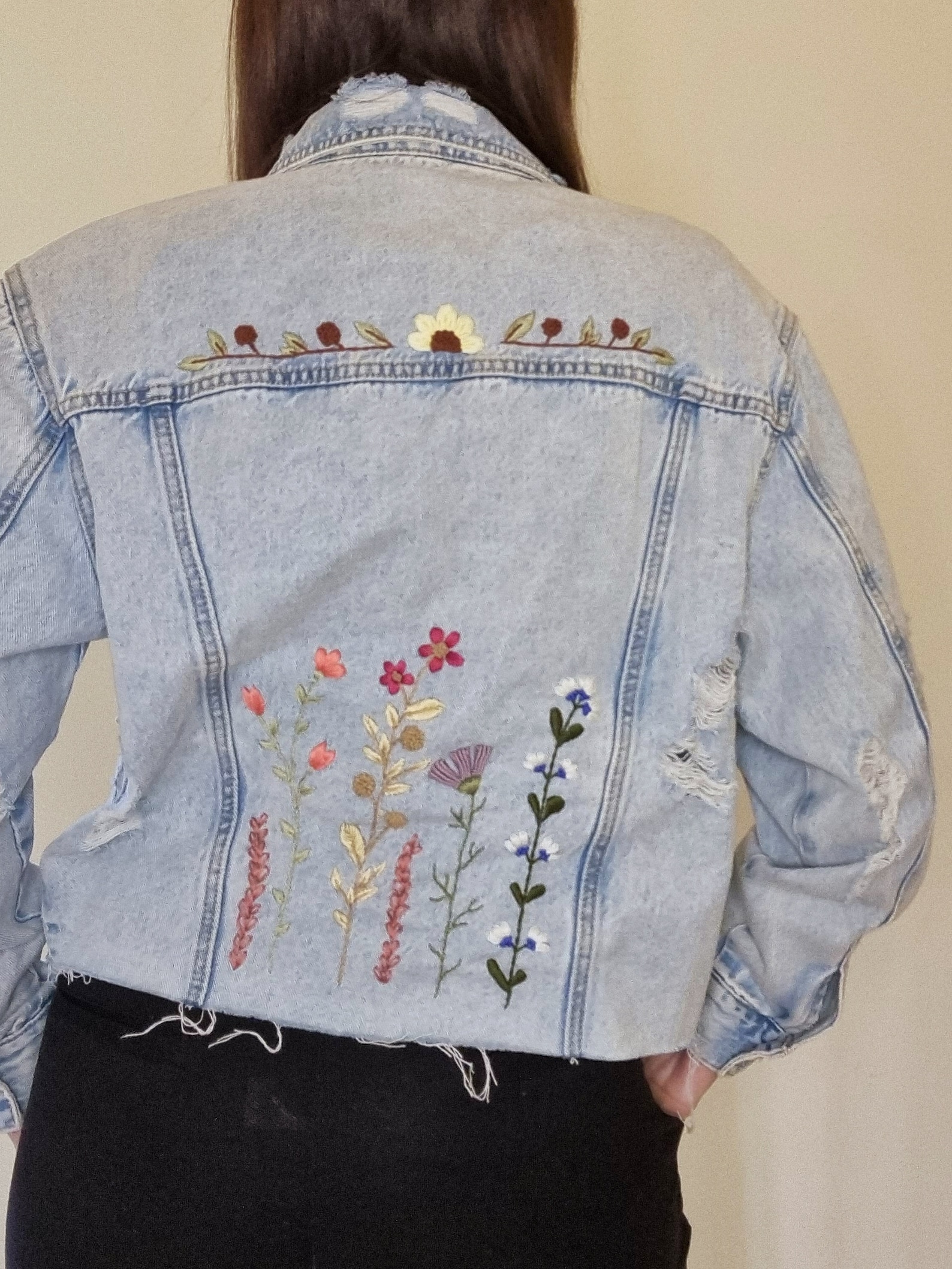 Hand Embroidered Cropped Denim Jacket With Flowers - Etsy