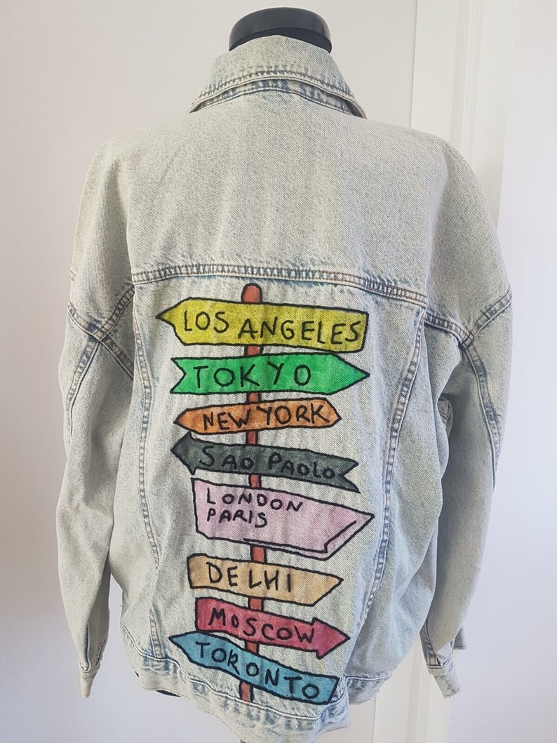 Hand Embroidery Denim Jacket Road Signs, Embellished Hand Painted ...