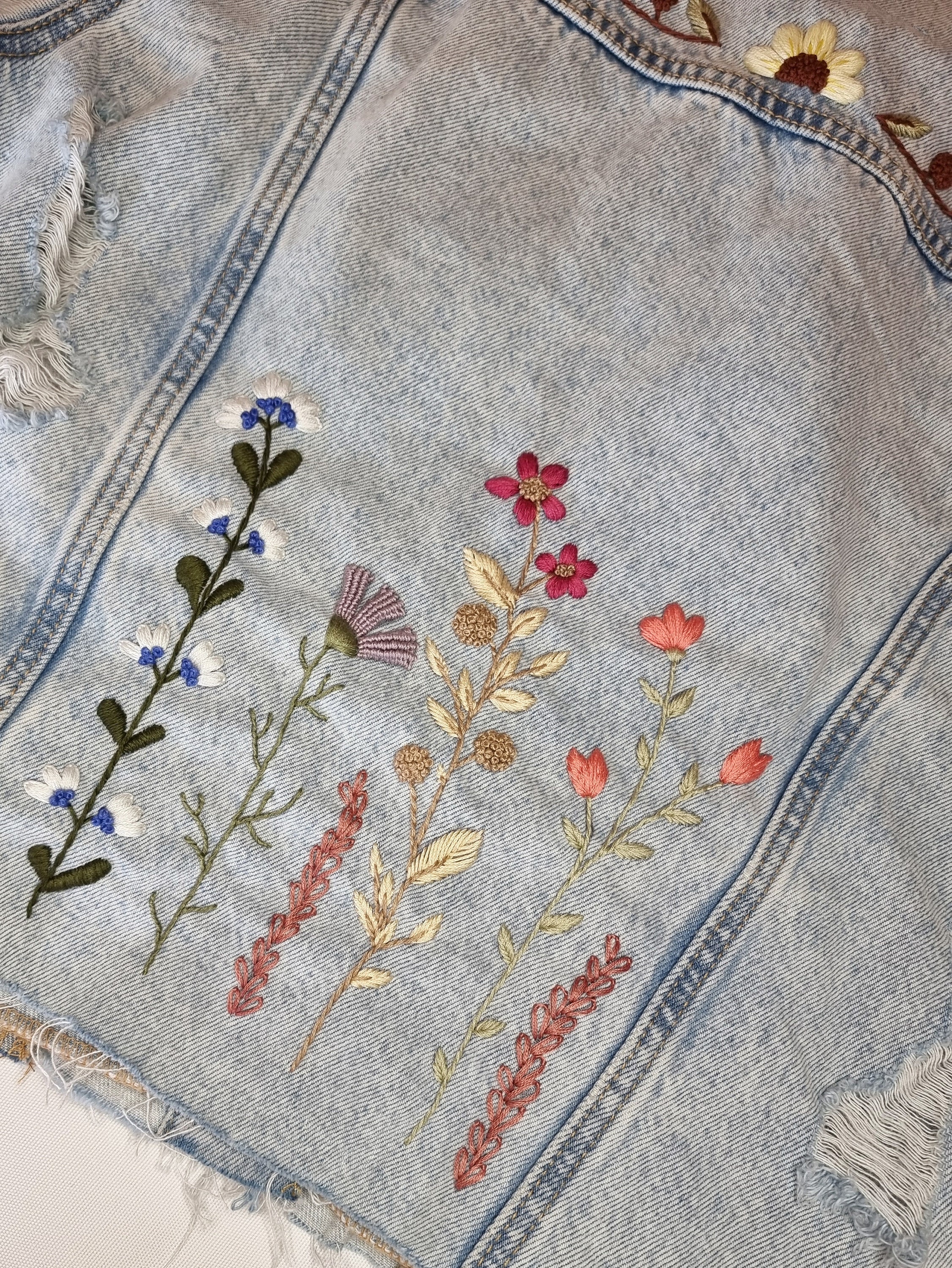 Hand Embroidered Cropped Denim Jacket With Flowers, Embellished Jeans ...