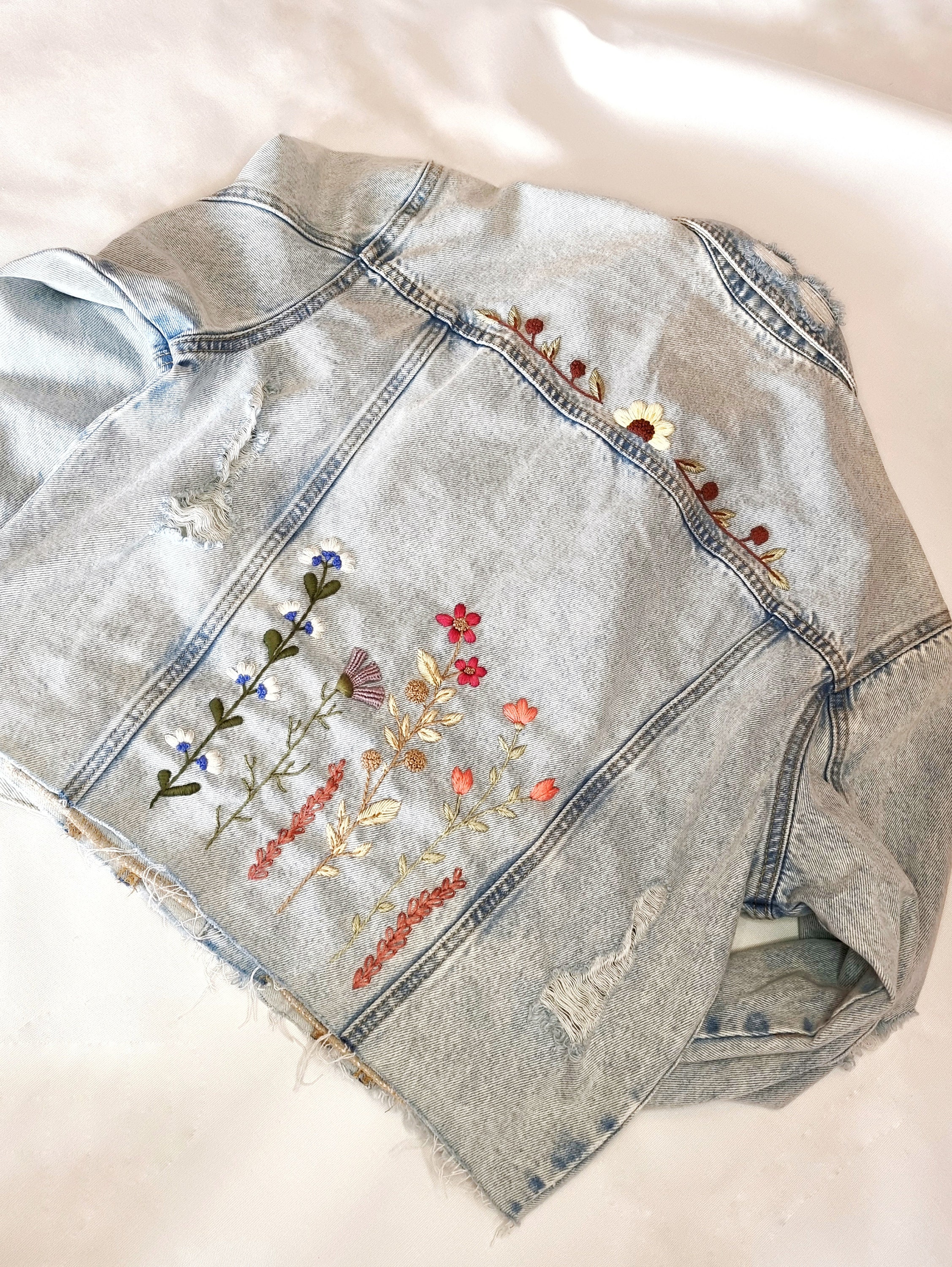 Hand Embroidered Cropped Denim Jacket With Flowers, Embellished Jeans ...
