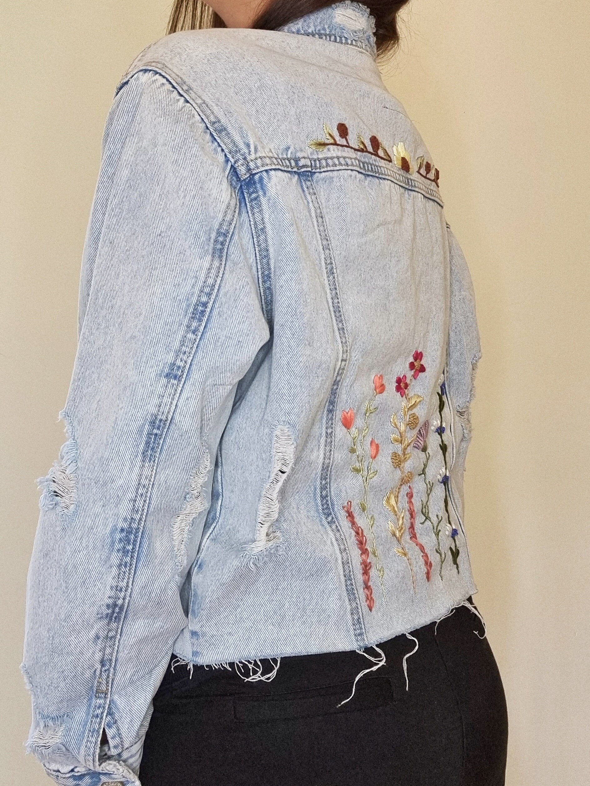 Hand Embroidered Cropped Denim Jacket With Flowers, Embellished Jeans ...