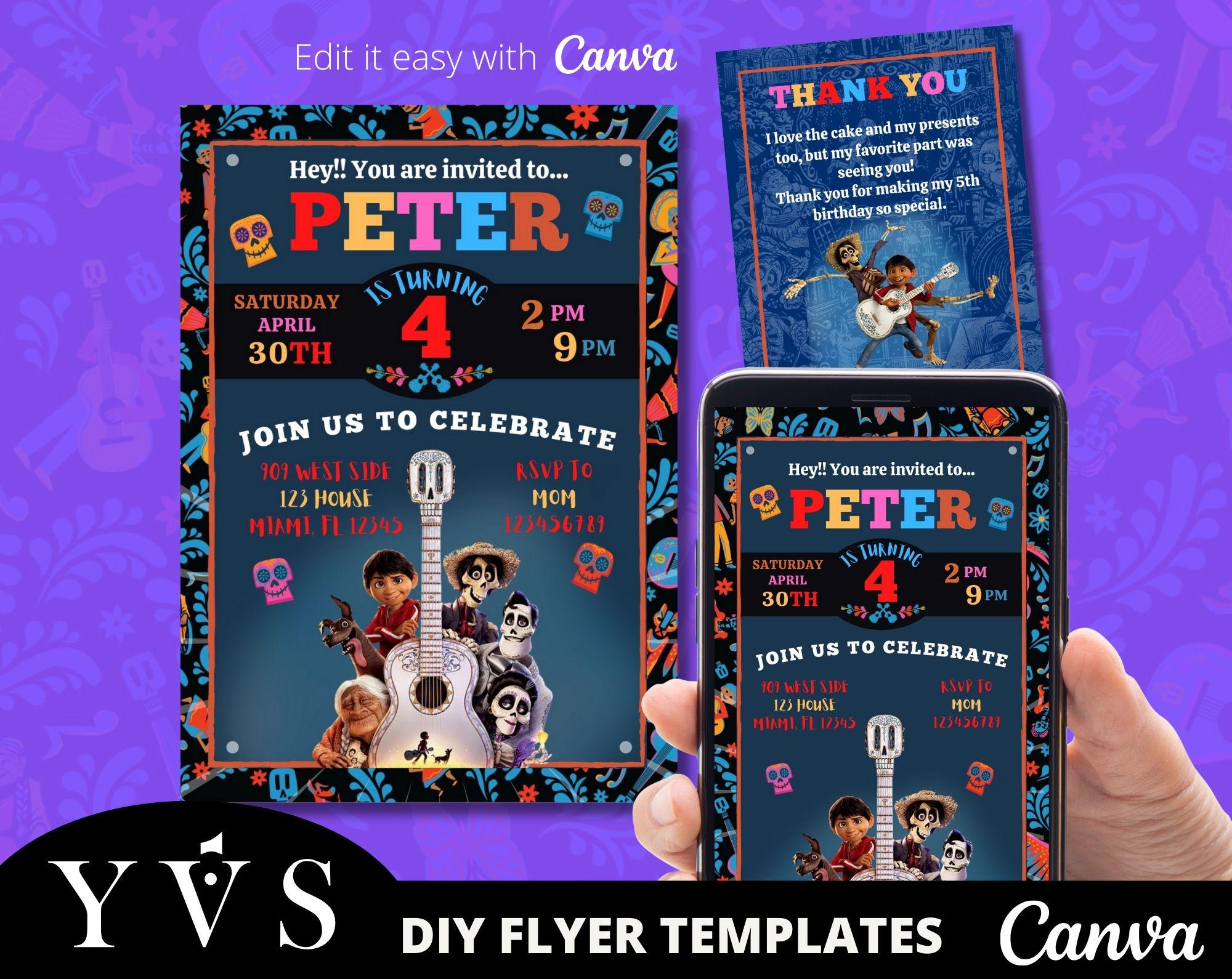 Coco Invitation, Coco Birthday Invitation, Personalized Canva Template ...