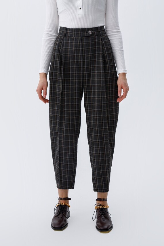 Pleated High Waist Plaid Pants Women Check Tapered Pants - Etsy