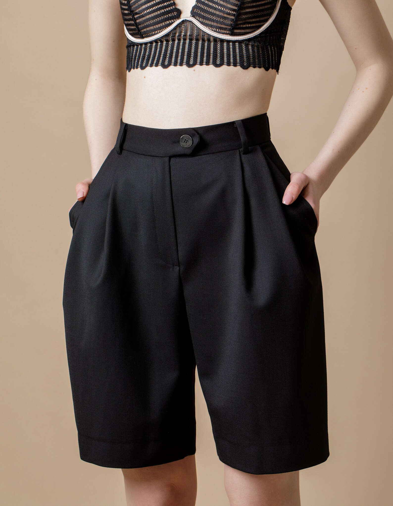 Bermuda Shorts for Women, Custom Made Shorts, Black Shorts, Pleated ...