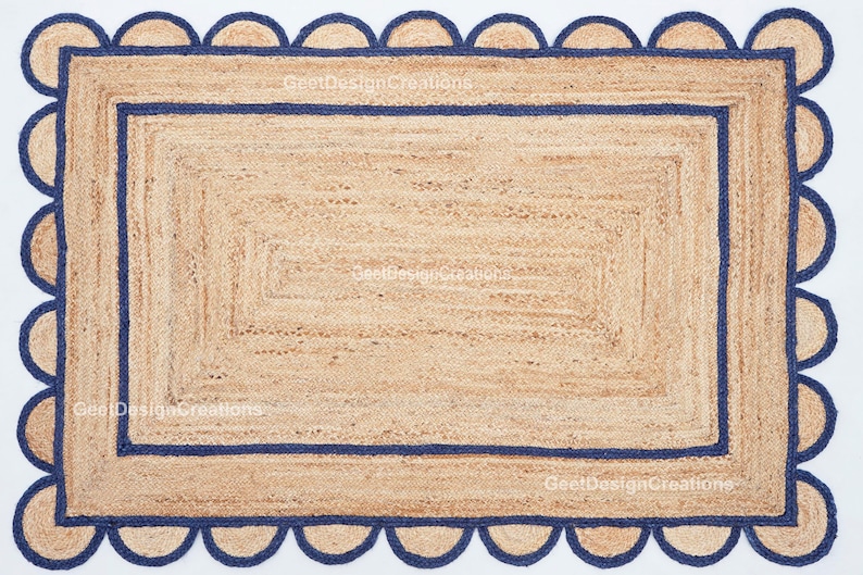 Blue Jute Scalloped Rug, Scalloped Rug, Scalloped Edge Rug, Boho ...