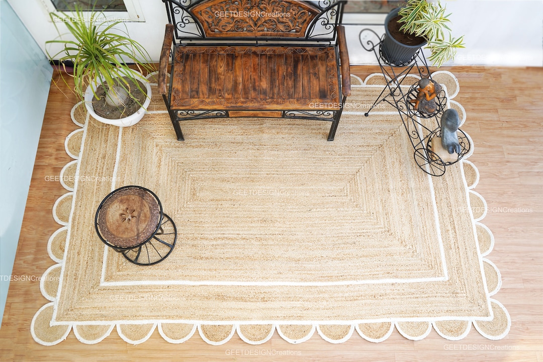 Jute Scalloped Rug, White Scalloped Rug, Scalloped Edge Rug, Boho ...