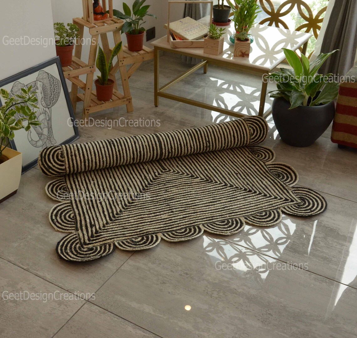 Natural Scalloped Jute Rug, Black & White Scallop Jute Rug, Bohemian ...