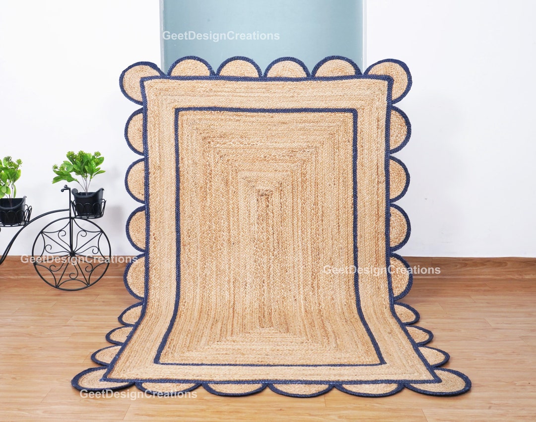Blue Jute Scalloped Rug, Scalloped Rug, Scalloped Edge Rug, Boho ...