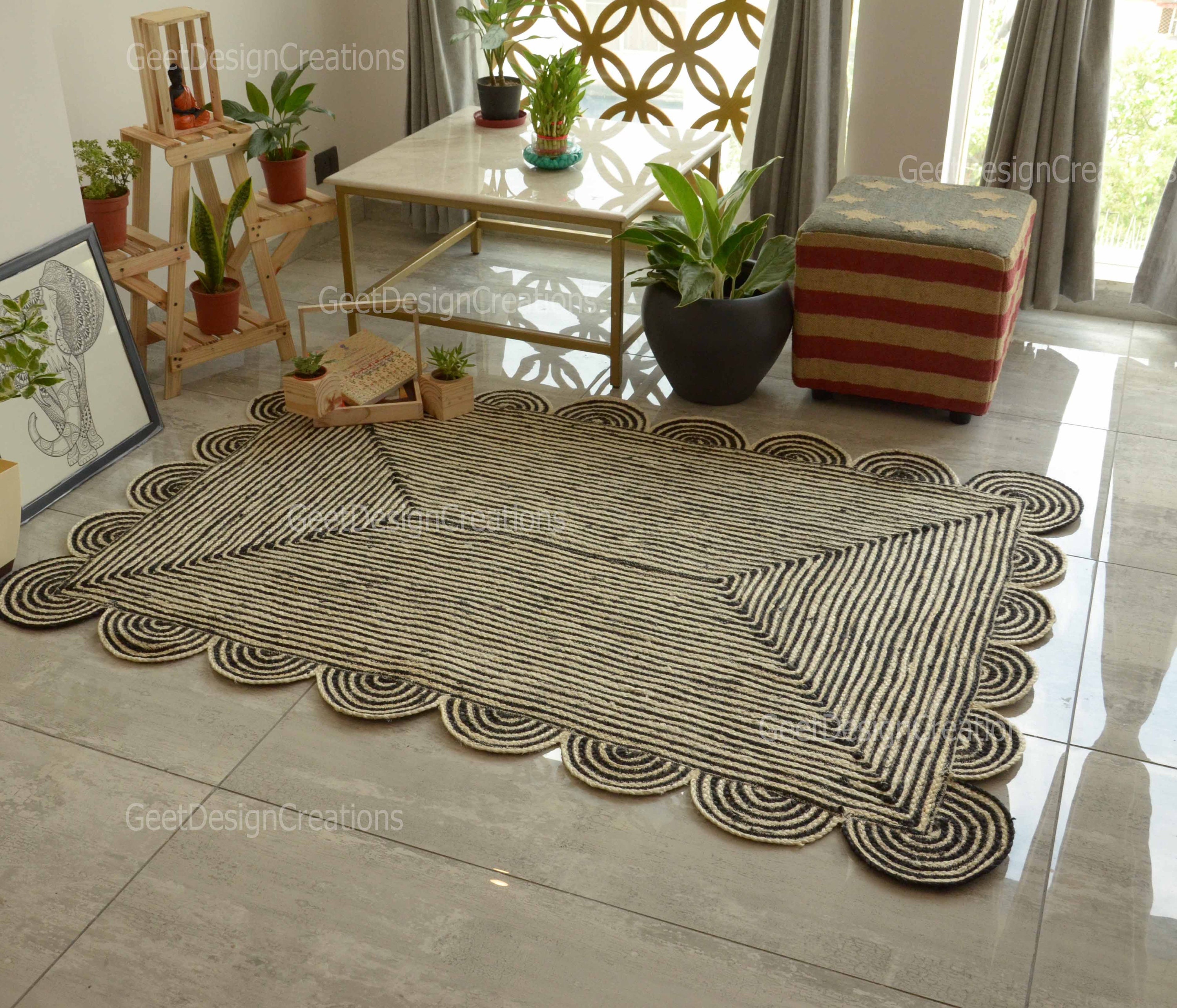 Natural Scalloped Jute Rug, Black & White Scallop Jute Rug, Bohemian ...