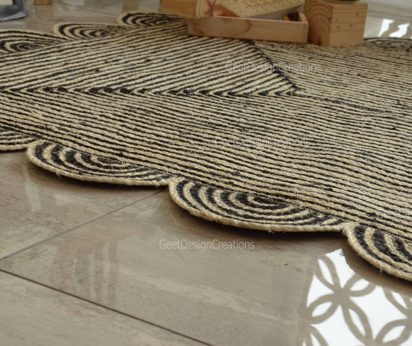 Natural Scalloped Jute Rug, Black & White Scallop Jute Rug, Bohemian ...