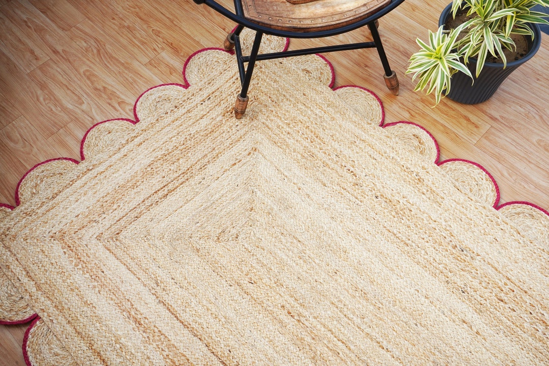 Natural Jute Area Rug, Pink Scallop Rug, Rectangle Scallop Pattern Rug ...