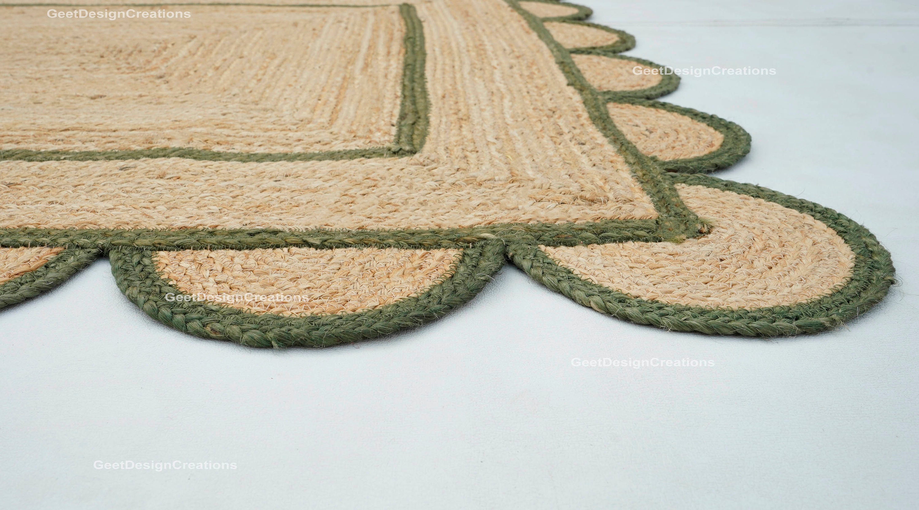 Jute Scalloped Rug, Green Scalloped Rug, Scalloped Edge Rug, Boho ...