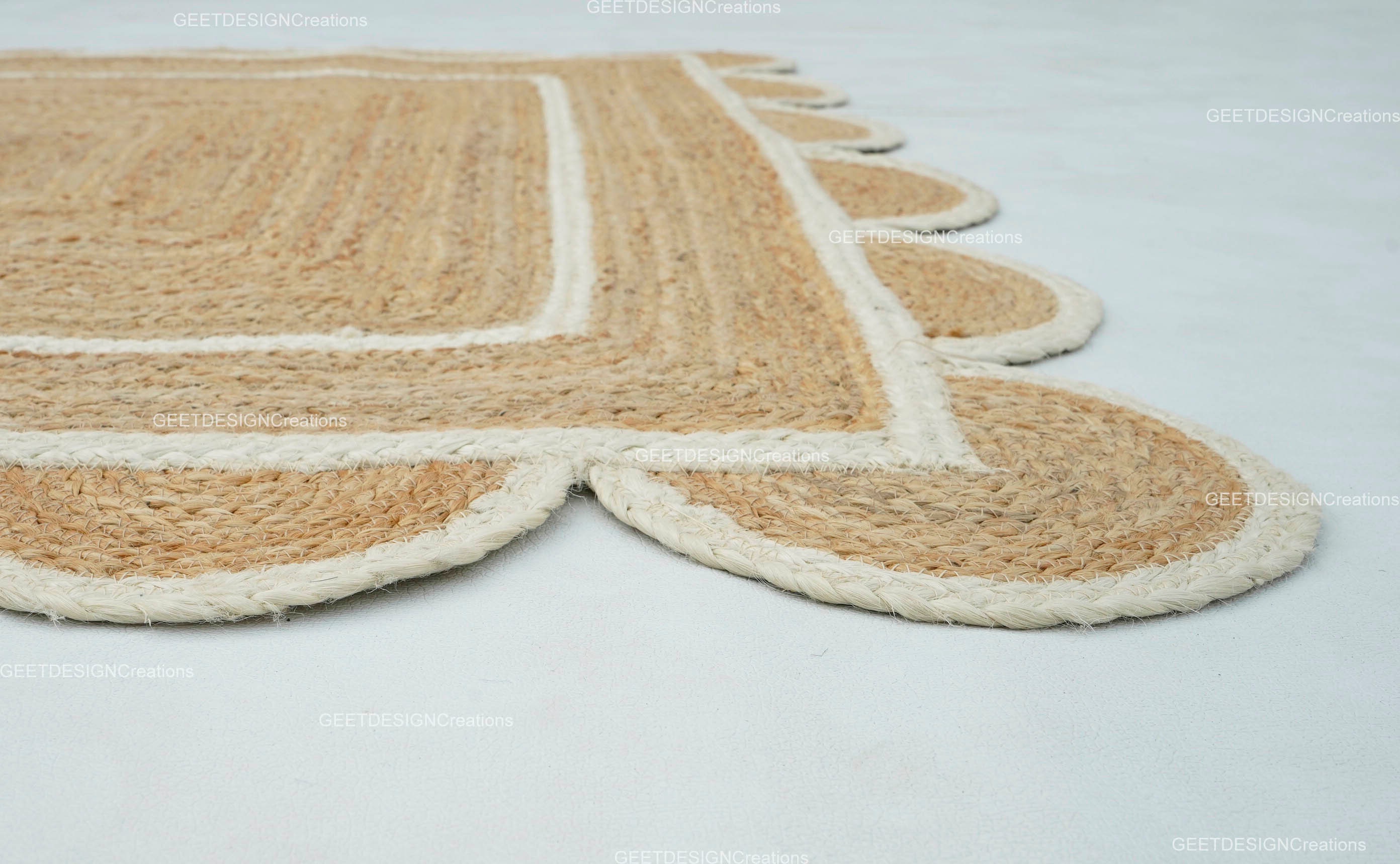 Natural Jute Rug, White Scalloped Jute Rug, Boho Scallop Rug, Natural ...