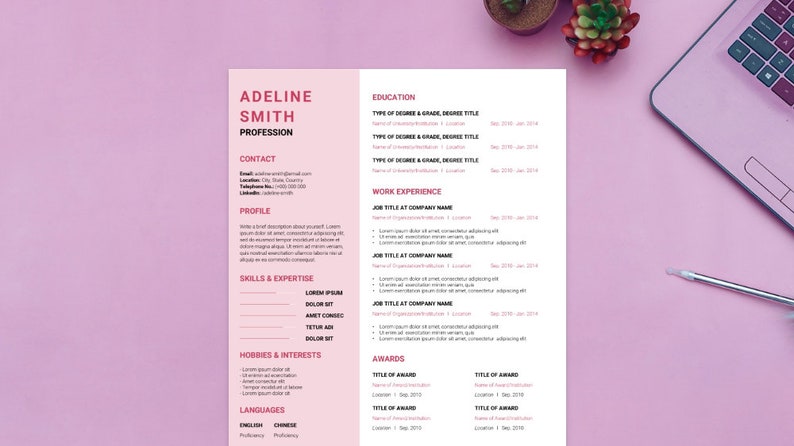 Pink Aesthetic CV Template Modern Resume Creative CV Design - Etsy ...