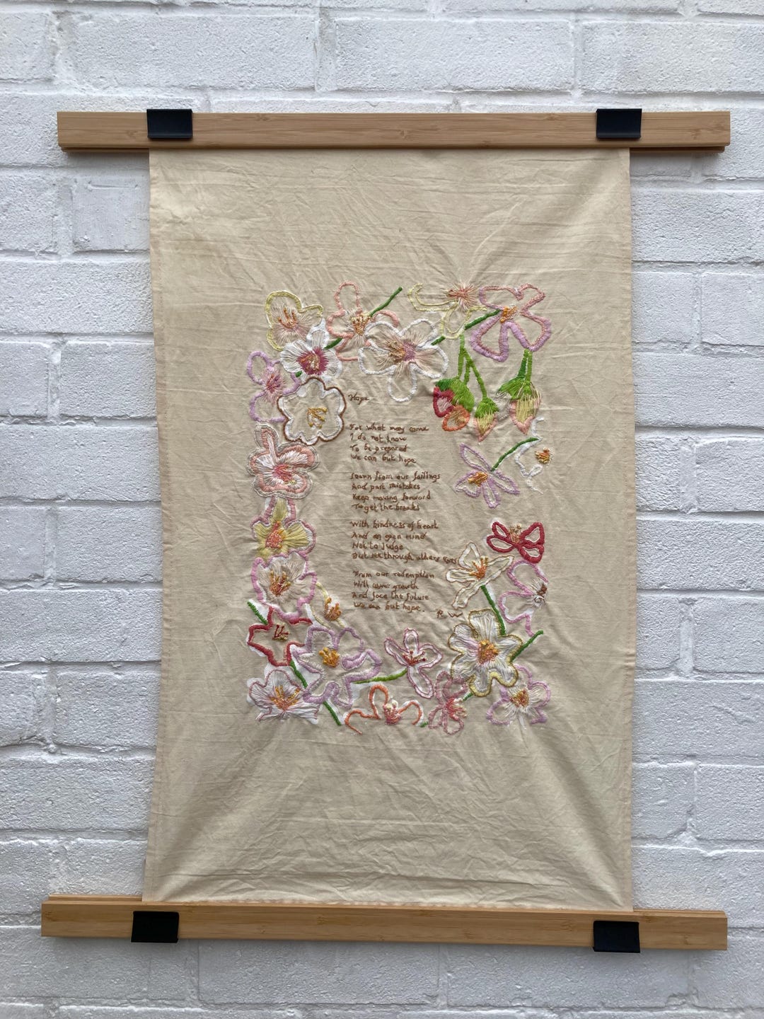 Original Embroidered Poetry Art on a Tea Towel Hope Written by Richard ...