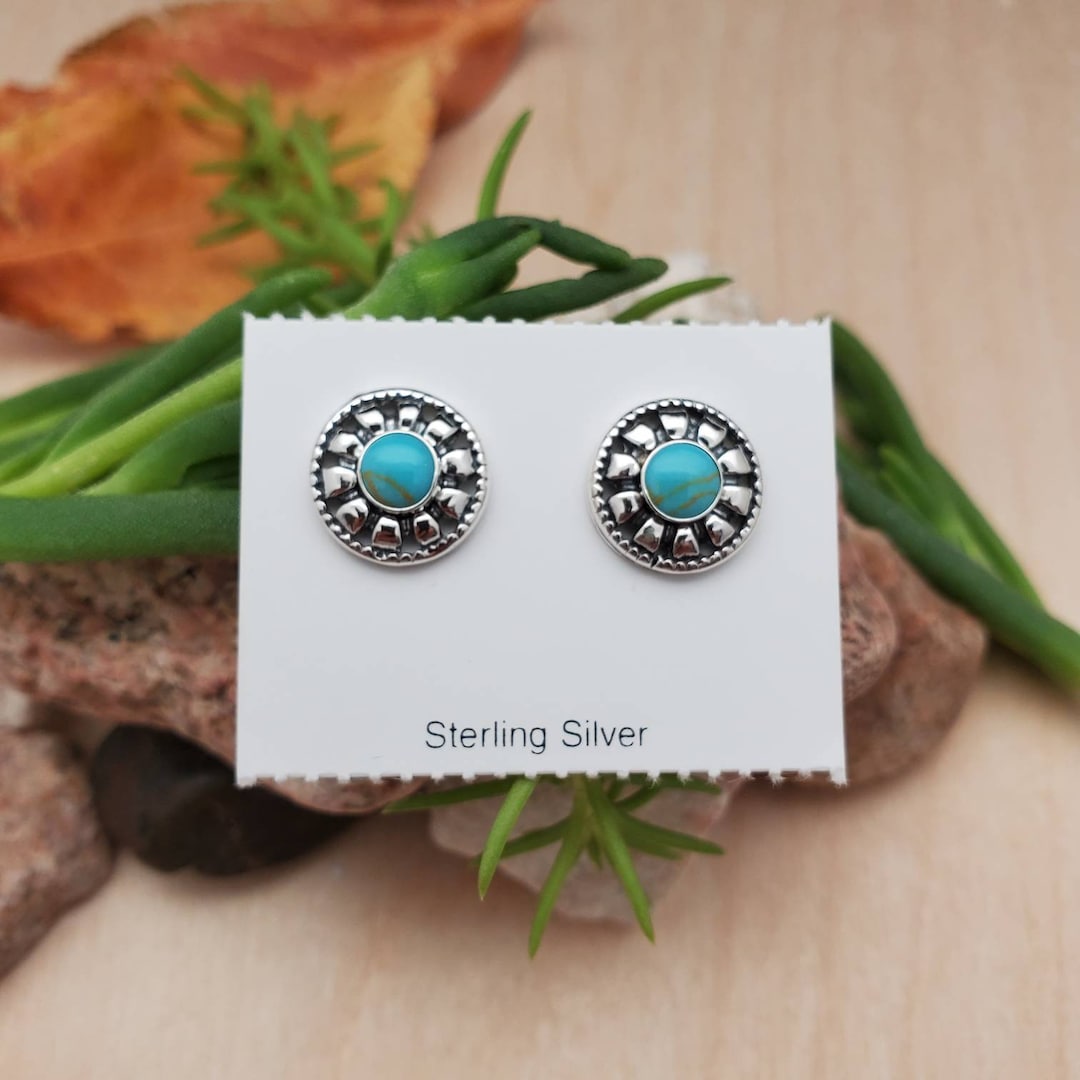 925forher Small Concho Turquoise Post Earrings | Turquoise Stud Earrings | Sterling Silver ...
