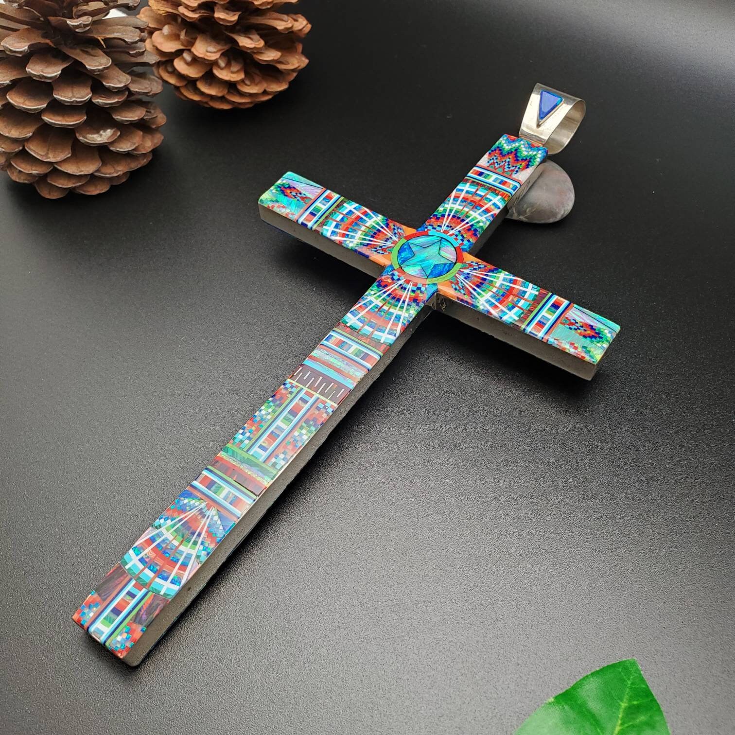 2 Sides Sterling Silver Multicolor Inlay Cross Pendant | One of A Kind ...
