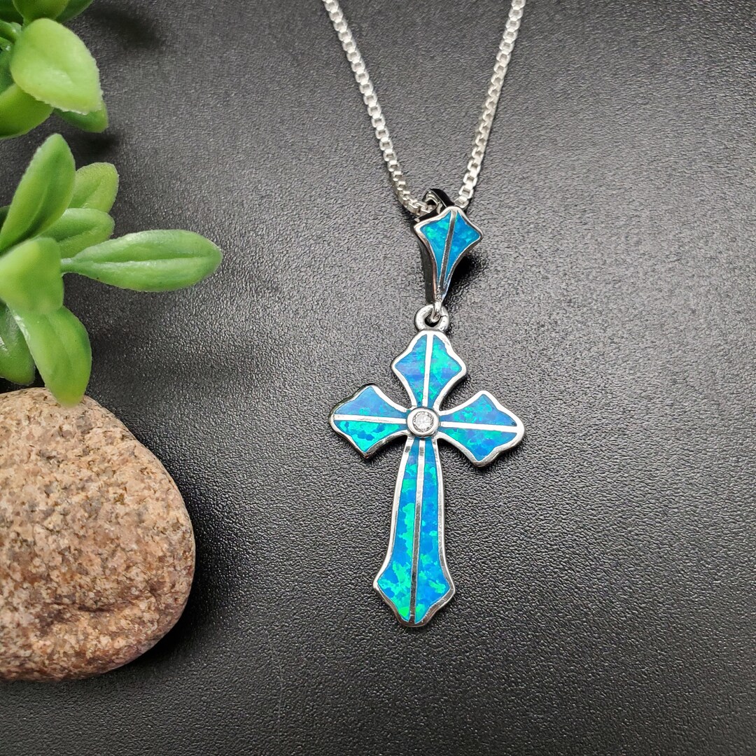 TULU #78 | Inlay Fire Blue Opal Blue Cross Necklace Pendant With Silver ...