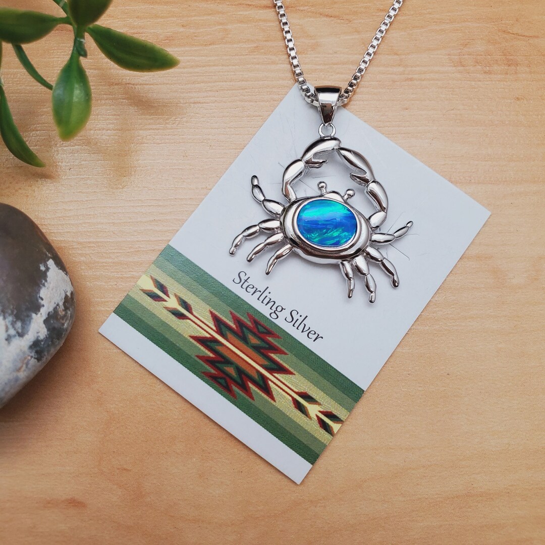 EMV #100 Big Blue Opal Inlay Crab Necklace Pendant With Silver Chain ...